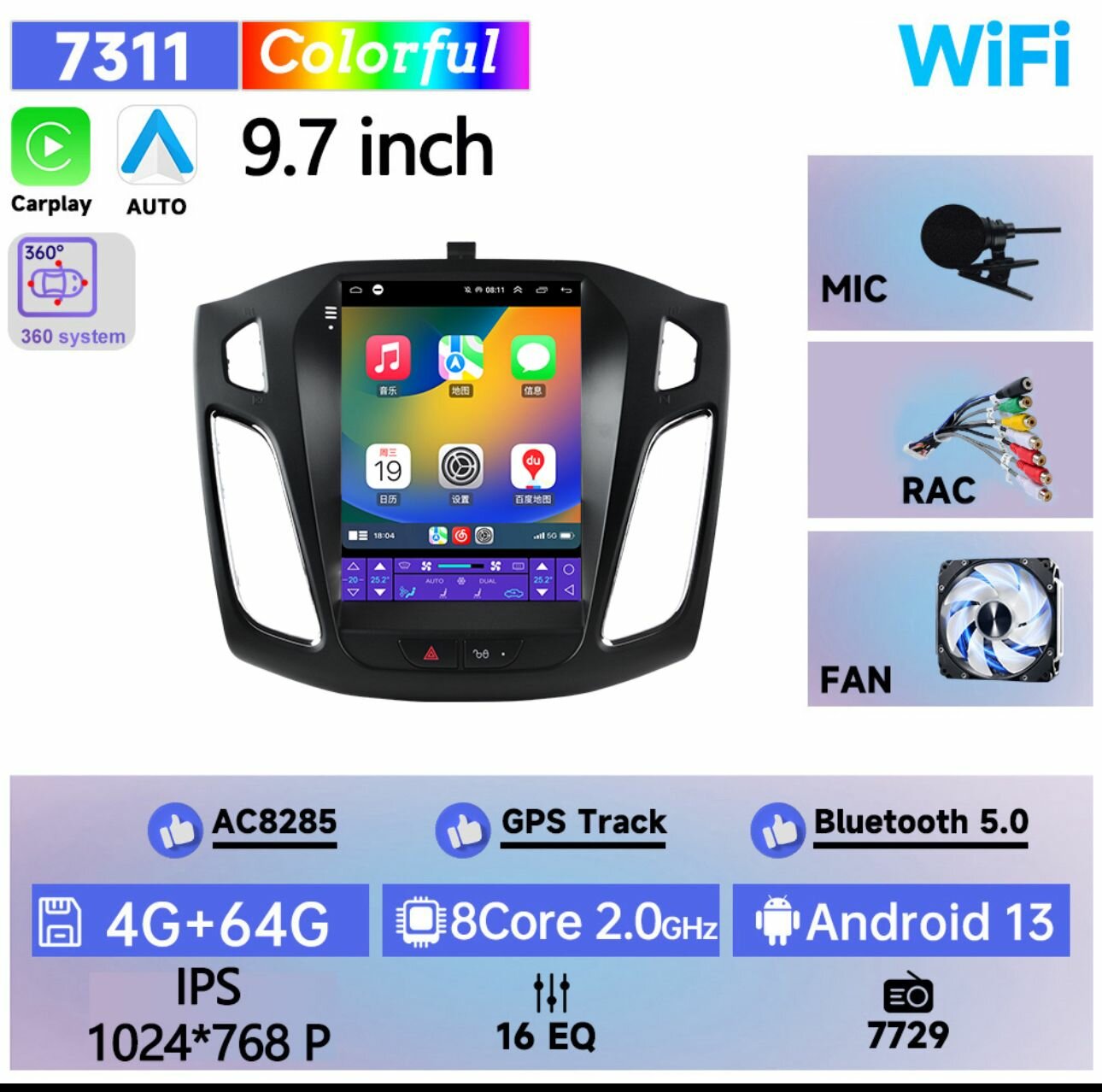 Магнитола для Ford Focus 3 в стиле Тесла 4/64GB IPS CarPlay 360