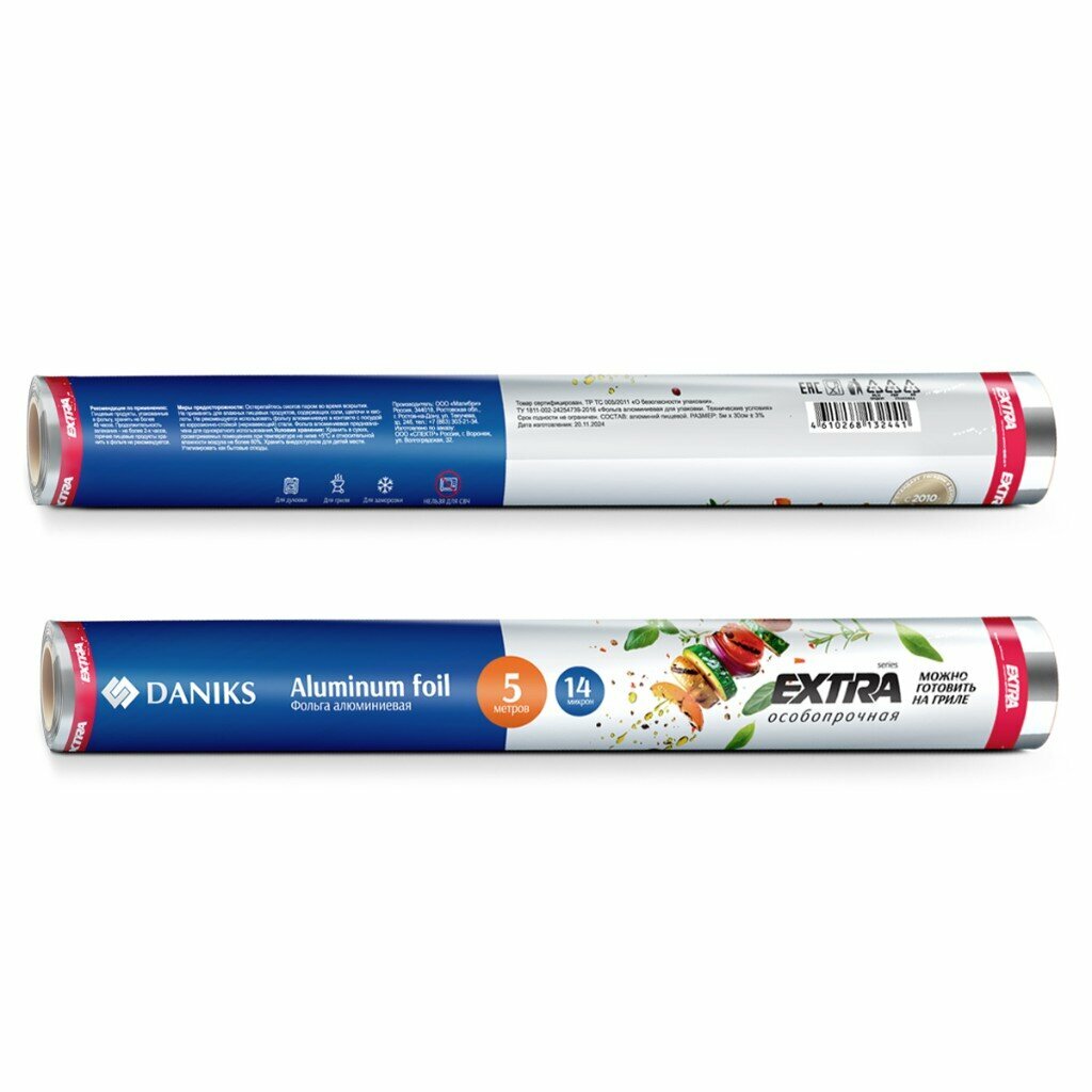 Фольга пищевая Daniks алюминиевая 5 м х 14 мкм для запекания и хранения продуктов, Россия