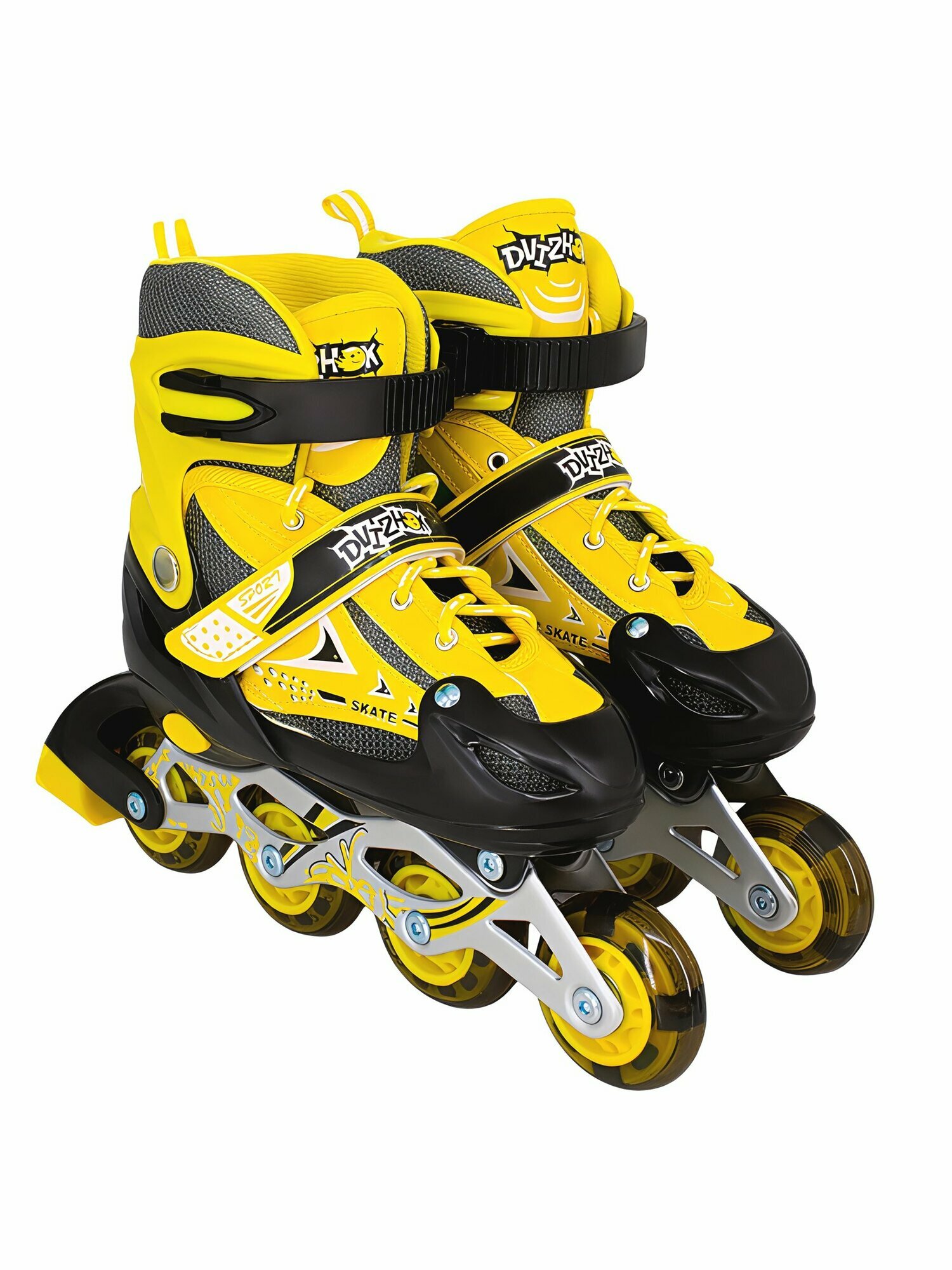 Роликовые коньки Dvizhok с подсветкой, детские раздвижные ролики, спортивный инвентарь для активного отдыха, размер M 34-37, пластиковые колеса PVC, цвет черно-желтый