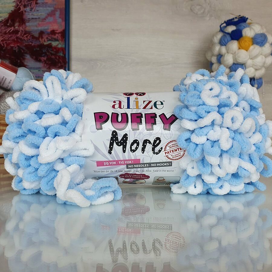 Пряжа Alize PUFFY MORE 6512 голубой/белый (2 мотка)