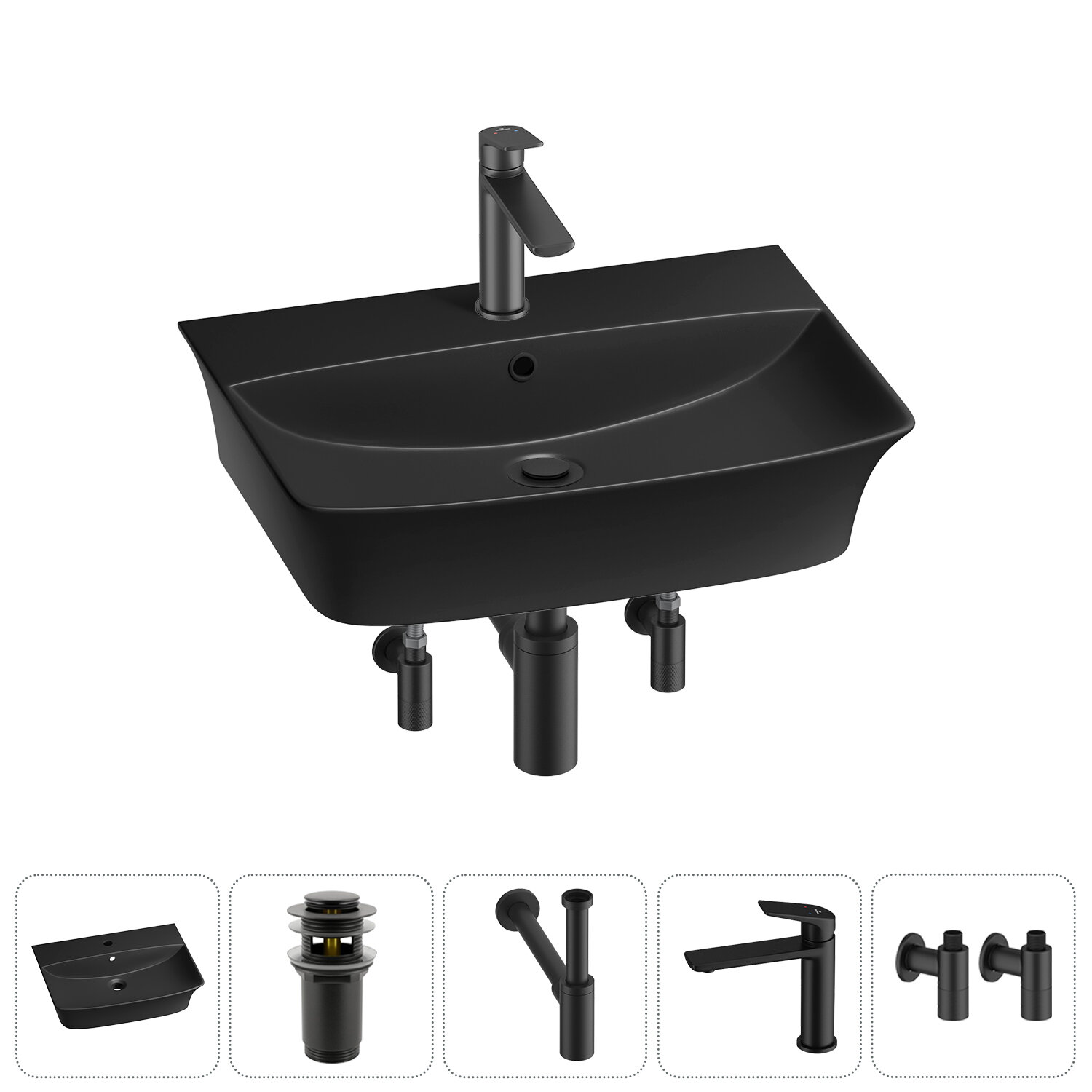 Подвесная или накладная раковина в ванную комнату Lavinia Boho Bathroom Sink 20216803R в наборе 5 в 1: раковина 55 см в цвете матовый черный, донный клапан, сифон, смеситель, вентили