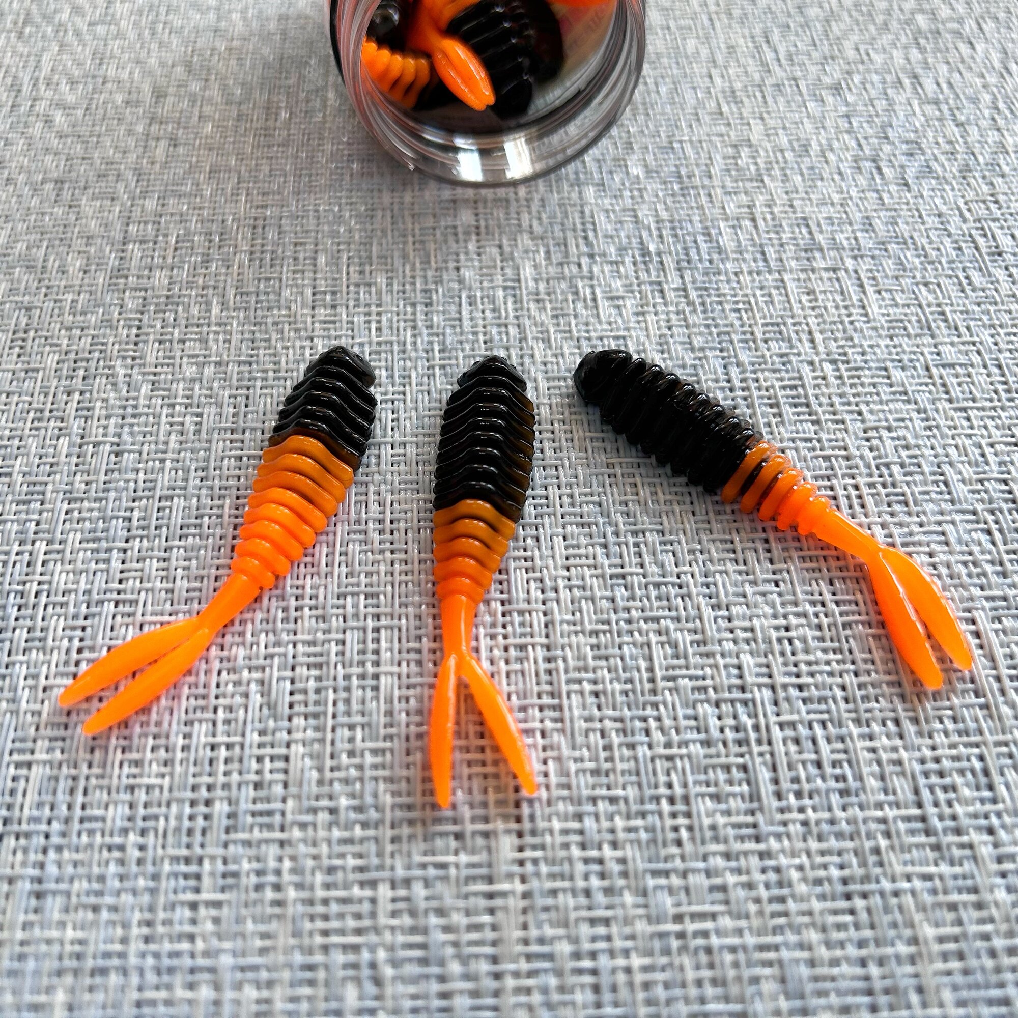 Силиконовая приманка для форели Креветка 55 мм, 10 шт в банке, аттрактант Сыр, цвет Оранжевый-Черный