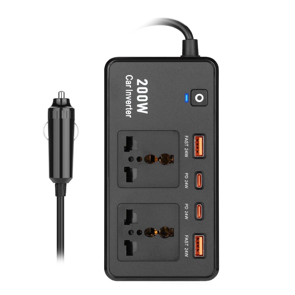 Автомобильный Инвертор мощностью 200 Вт от DC12V до AC220V с USB C и USB A для Деловых поездок