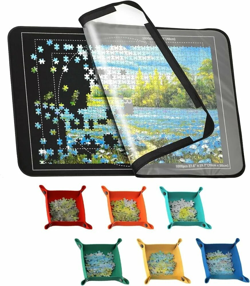 Коврик для сборки пазлов до 1000 деталей, столик-головоломка с 1 прозрачная крышка, 6 лотков для сортировки головоломок