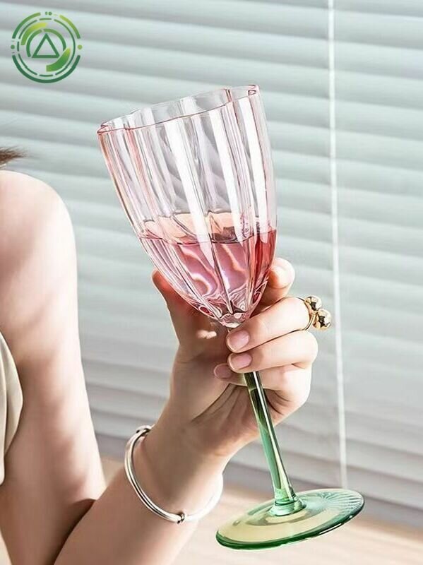 Набор бокалов для шампанского на тонкой ножке Розовый с зеленой ножкой, 2 штуки, 380 мл, House Axiom