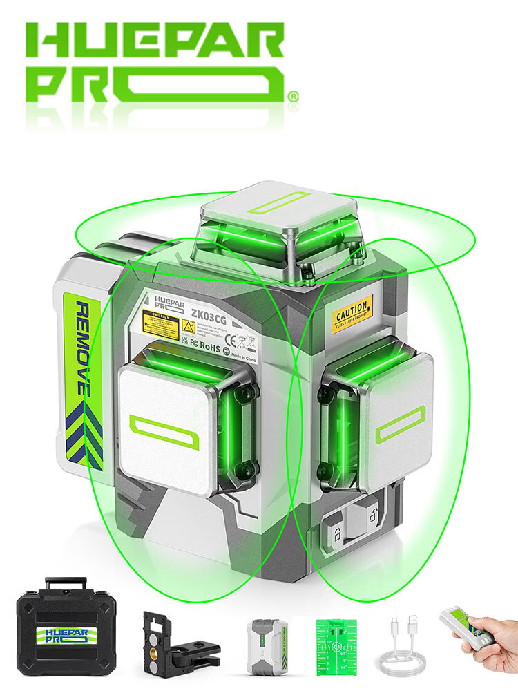 Лазерный нивелир Huepar Pro, 360°, 12 линий, зелёный лазер, пульт ДУ, перезаряжаемая батарея