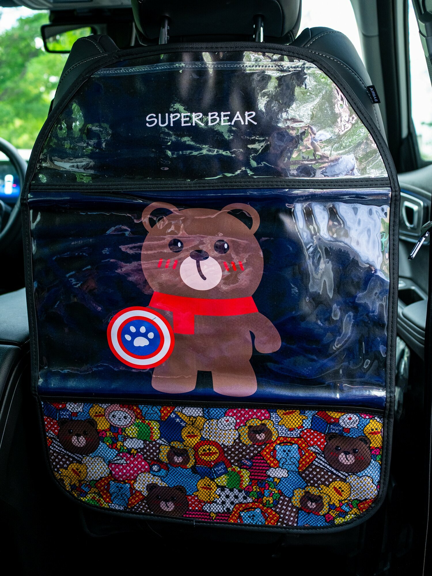 Накидка на сиденья авто с карманами, эко-кожа, принт Мишка, защита на спинку сиденья от детских ног, Vivacat