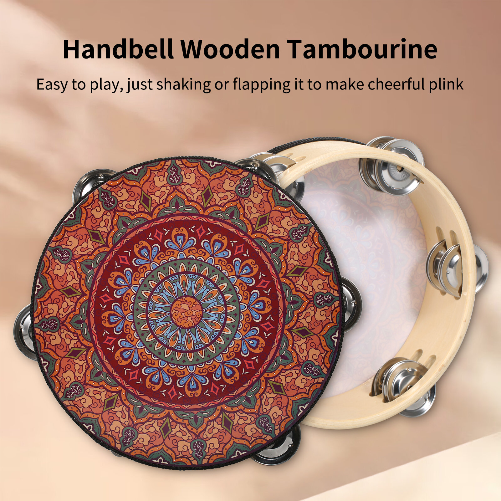 7-дюймовый деревянный барабан-колокольчик с двухрядными металлическими тарелками и 10 звонами, музыкальный ударный инструмент для детей и взрослых, подходит для церкви