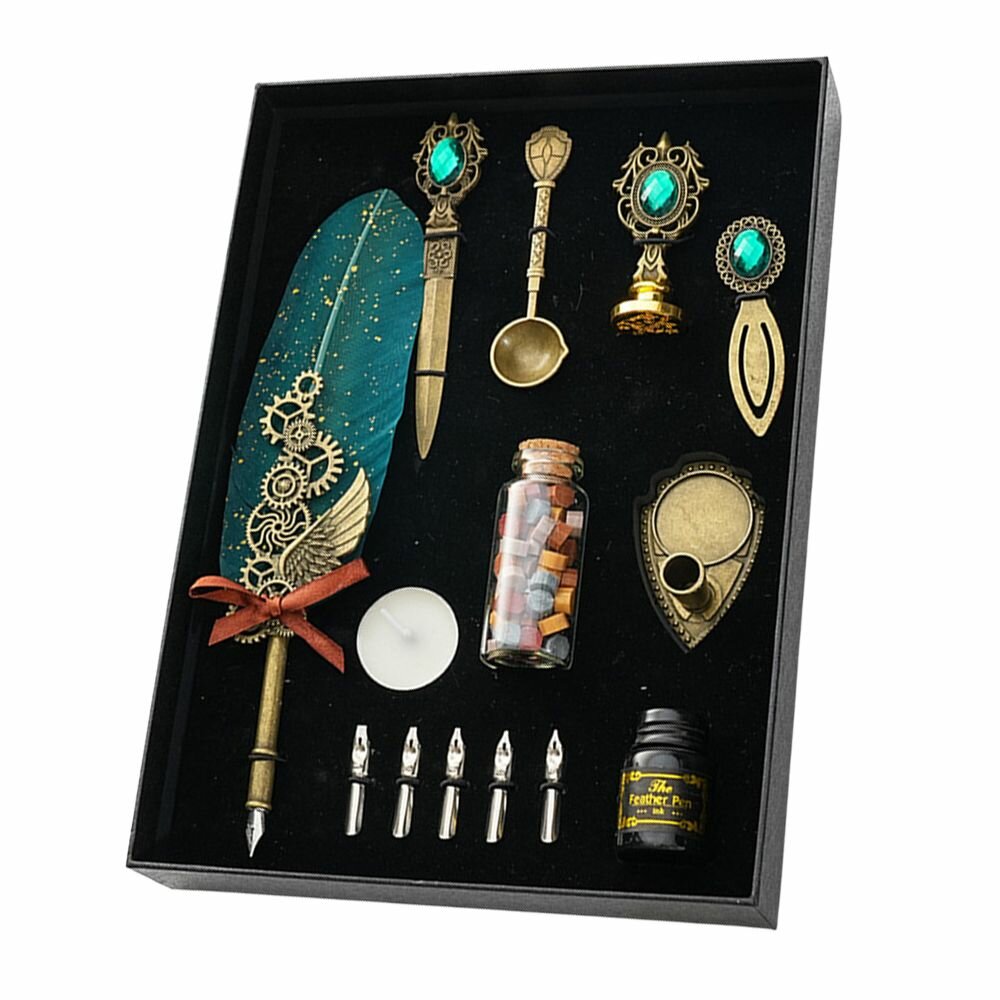 Винтажный набор: перьевая ручка с шестеренками, подставка, чернила и перья