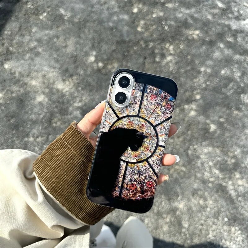 Черный кот, церковь, витраж, собор, арт, чехол для телефона для iPhone 16, 15, 14, 13 Pro Max, милый роскошный противоударный чехол с рисунком из мультфильма for iphone 13