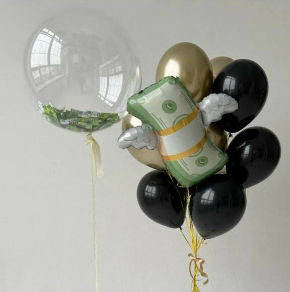 Воздушные шары на день рождения, юбилей. Шар баблс, шар доллар, купюра, деньги