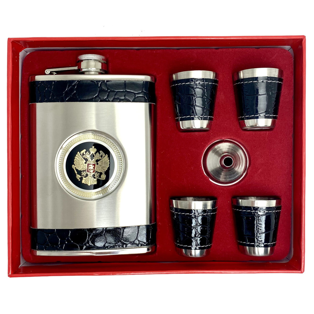 Достойный подарок к праздникам - фляжка с гербом РФ в наборе со стопками и воронкой