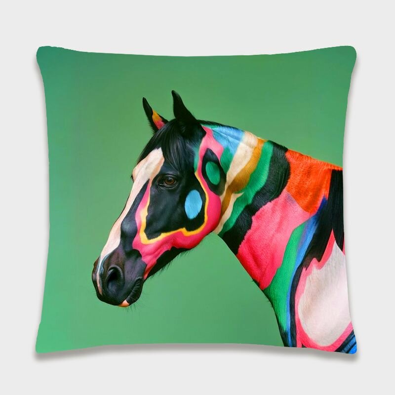 Чехол для подушки Черный конь в орнамент на зеленом фоне 40х40 велюр
