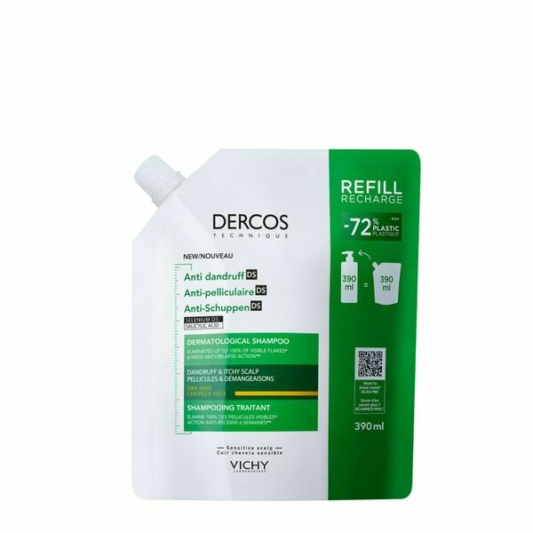 Шампунь-уход для сухих волос против перхоти интенсивный Dercos Technique Vichy/Виши сменный блок 390мл