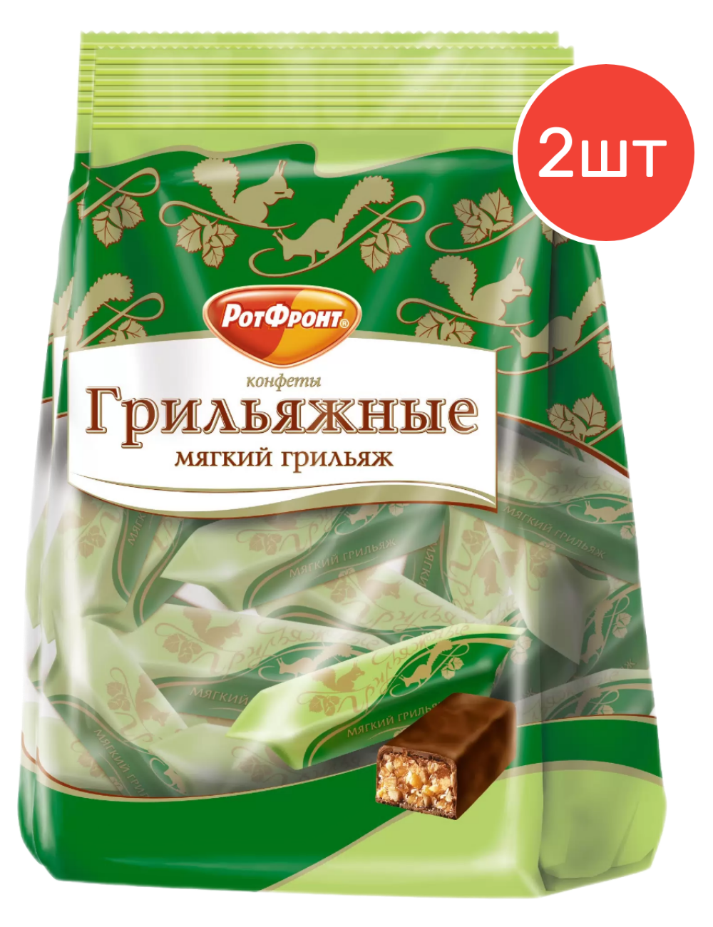 Конфеты Рот Фронт Грильяжные, мягкий грильяж, в шоколадной глазури, с арахисом, 200г 2шт