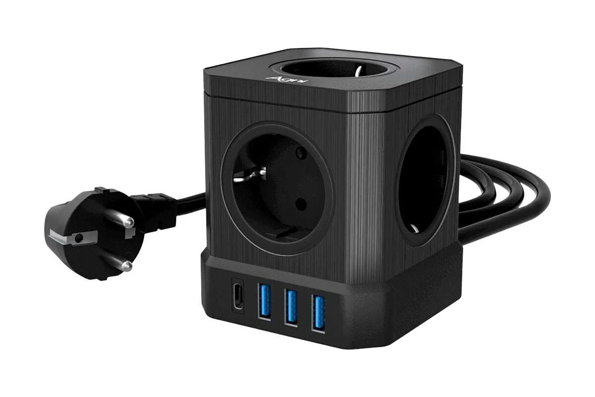 AGNI настольный сетевой фильтр 5 розеток с кабелем 2 м и 3 USB Type-C черный