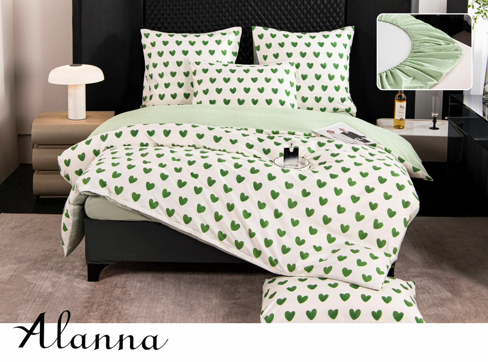 Комплект Постельного Белья Евро Сатин - Зеленые Сердечки / простыня - 180x200+25 см на резинке по кругу