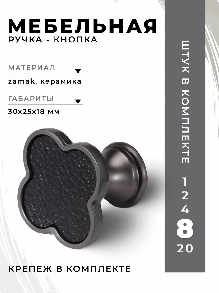 Ручка-кнопка мебельная 30 мм BRANTE RK.1361. Z. Knob. Grey. black графит-черный, комплект 8 шт, ручка для шкафов, ящиков, комодов, для кухонного гарнитура, фурнитура для мебели