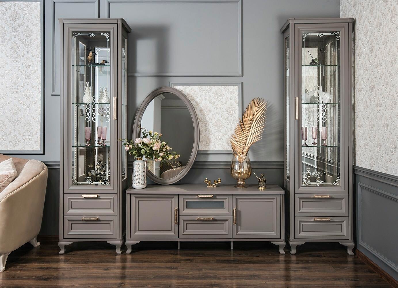 ТВ гостиная "Alba Мокко" стиль ар-деко, тумба ТВ, витрина 2шт