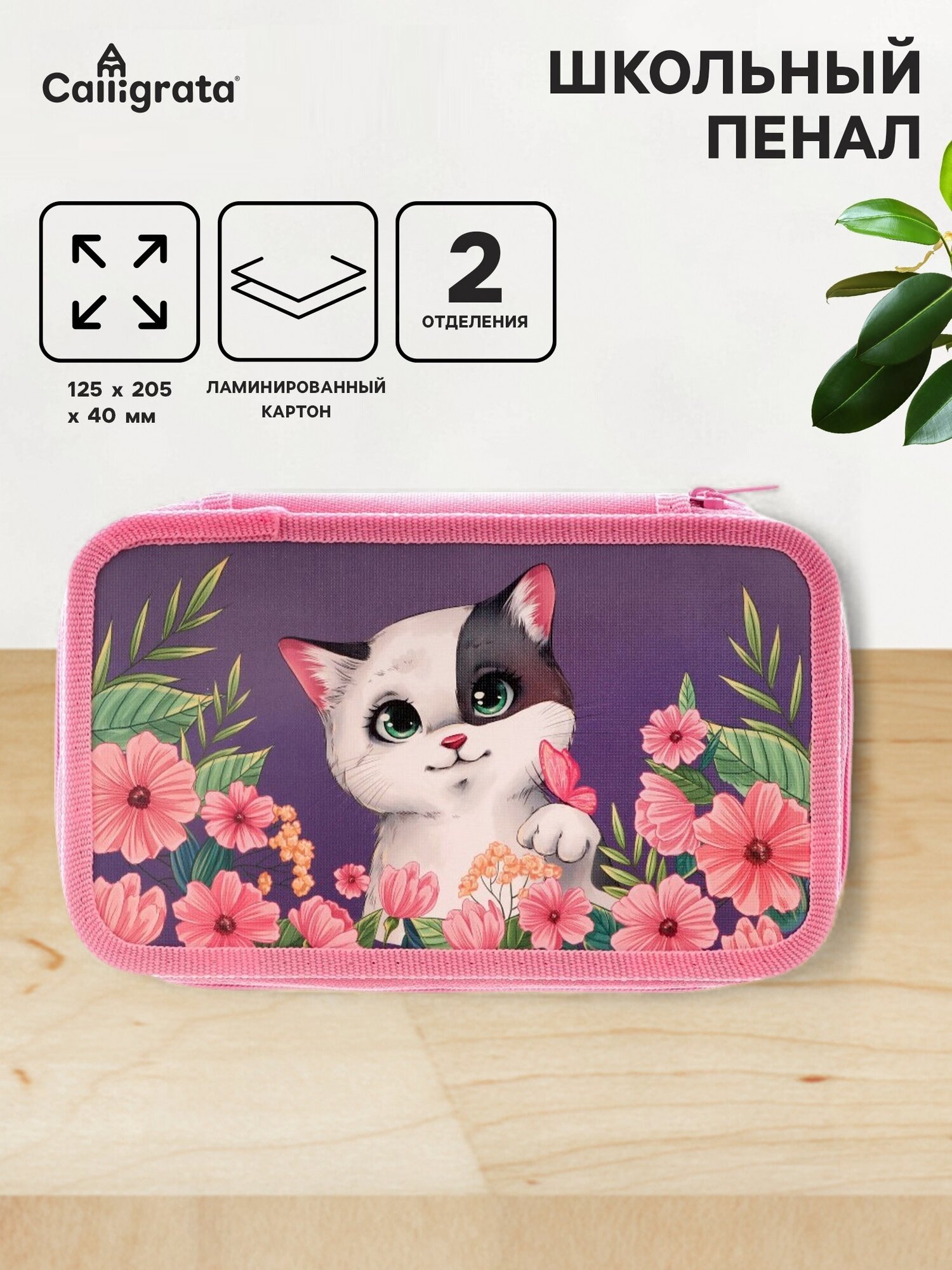 Пенал школьный, 2 секции, 12.5 × 20.5 × 4 см, «Кот в цветах», для детей