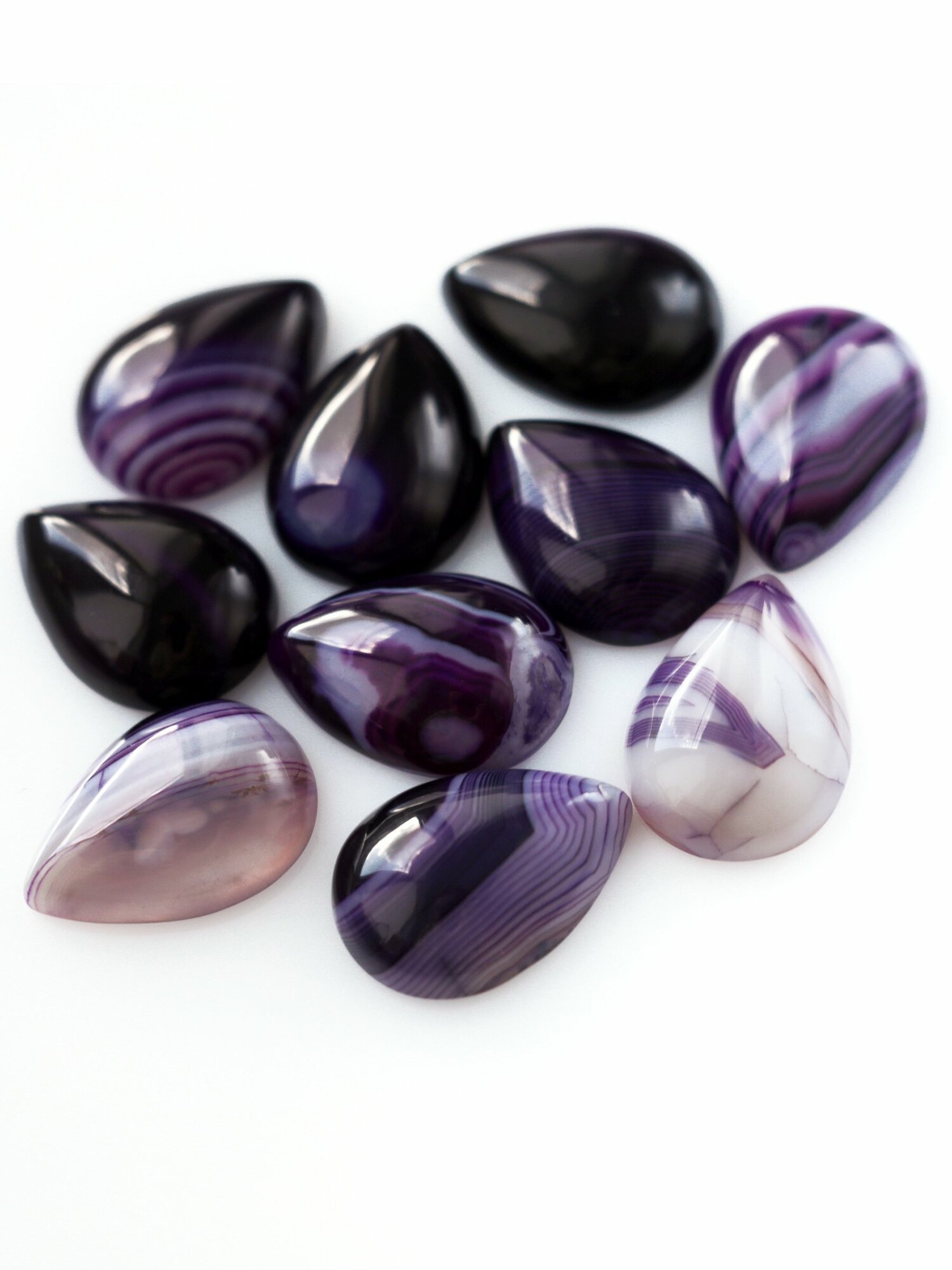 Кабошон Агат 3 шт, капля, цвет темно-фиолетовый полосатый, 25x18x6-7 мм