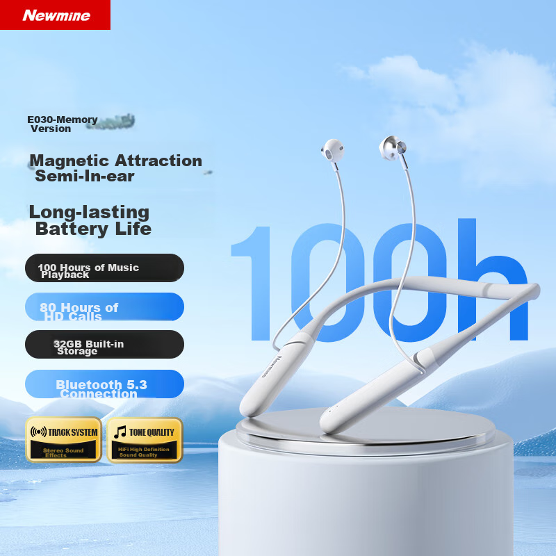 Newman E030 Sports Wireless Bluetooth Earphones, Neckband-Style, for Running, Semi-In Ear, Magnetic, Music, Gaming, Calls, Neck-Hanging, Long Battery Life, Compatible with Apple And Huawei, 32GB Storage