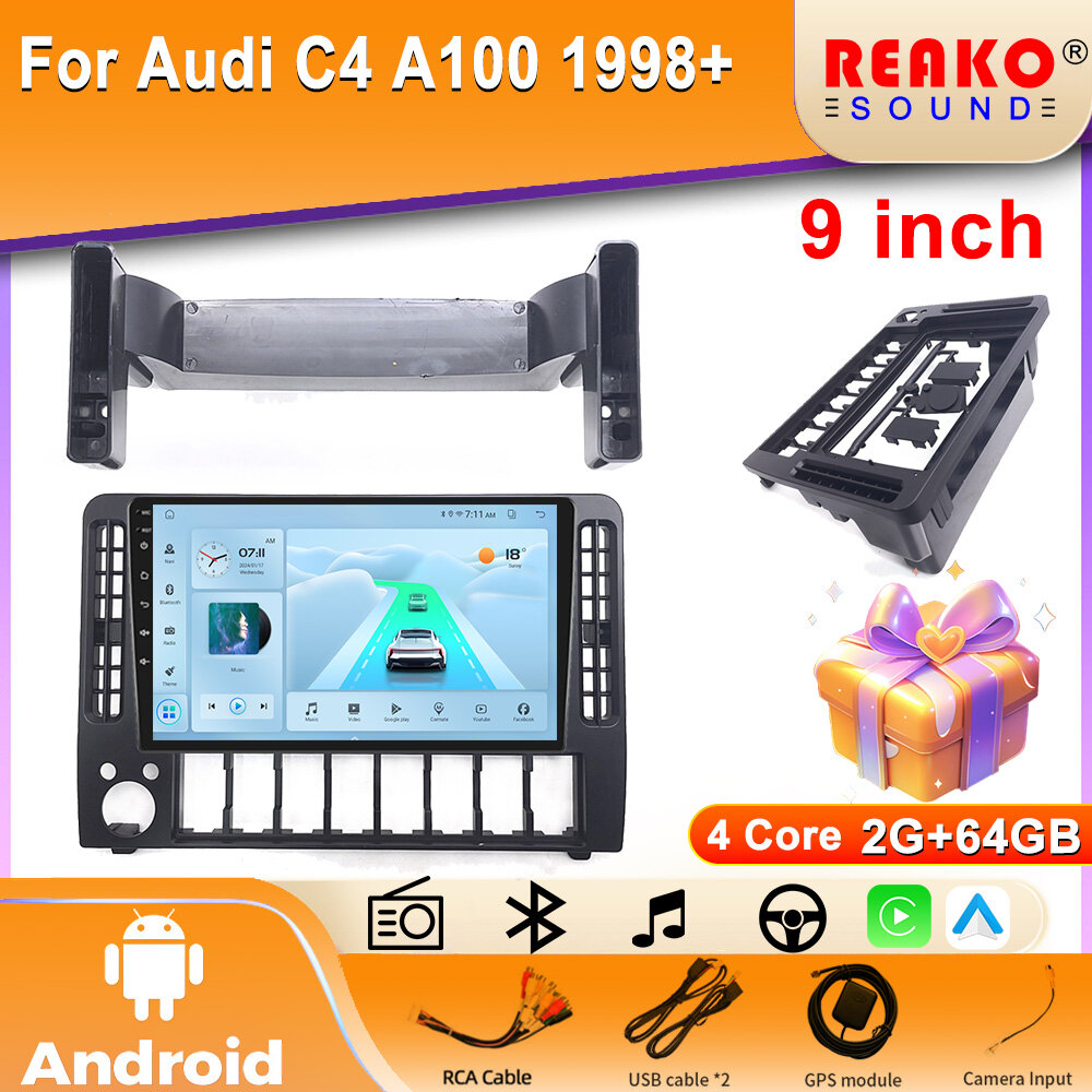 Магнитола для Audi C4 A100 C4 1998+, 4 ядерный процессор 2/64Гб ANDROID 11, QLED экран 9 дюймов, Carplay, автозвук DSP, Wifi