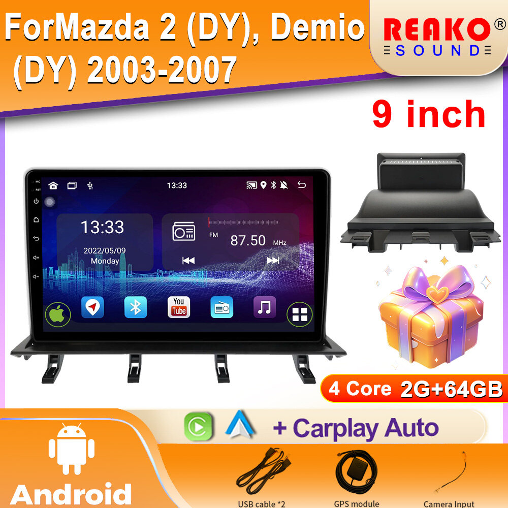 Магнитола для Mazda 2 (DY), Demio (DY) 2003-2007, с камерой заднего вида. IPS экран 10.1 дюймов, Wifi 2din с сенсорным экраном, usb и блютузом.