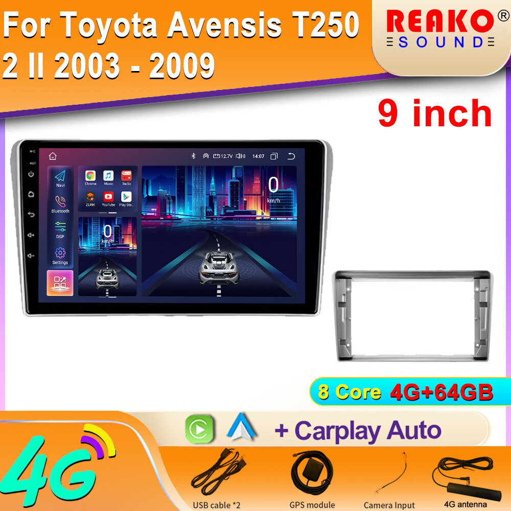 Магнитола для Toyota Avensis T250 2 II 2003 - 2009 , с камерой заднего вида. IPS экран 9 дюймов, Wifi 2din с сенсорным экраном, usb и блютузом.