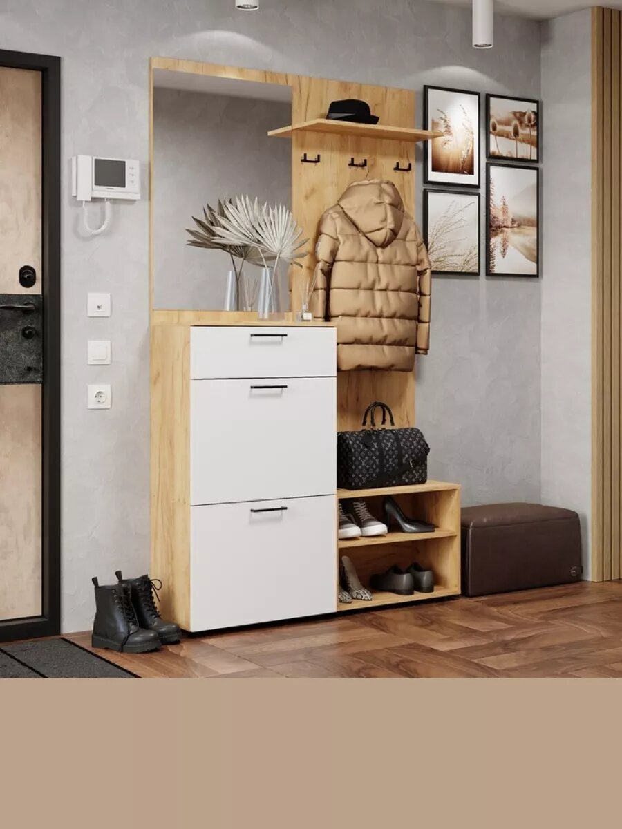 Прихожая флагман Монтана, ЛДСП, цвет дуб крафт золотой, белый гладкий, 120х210х35 см