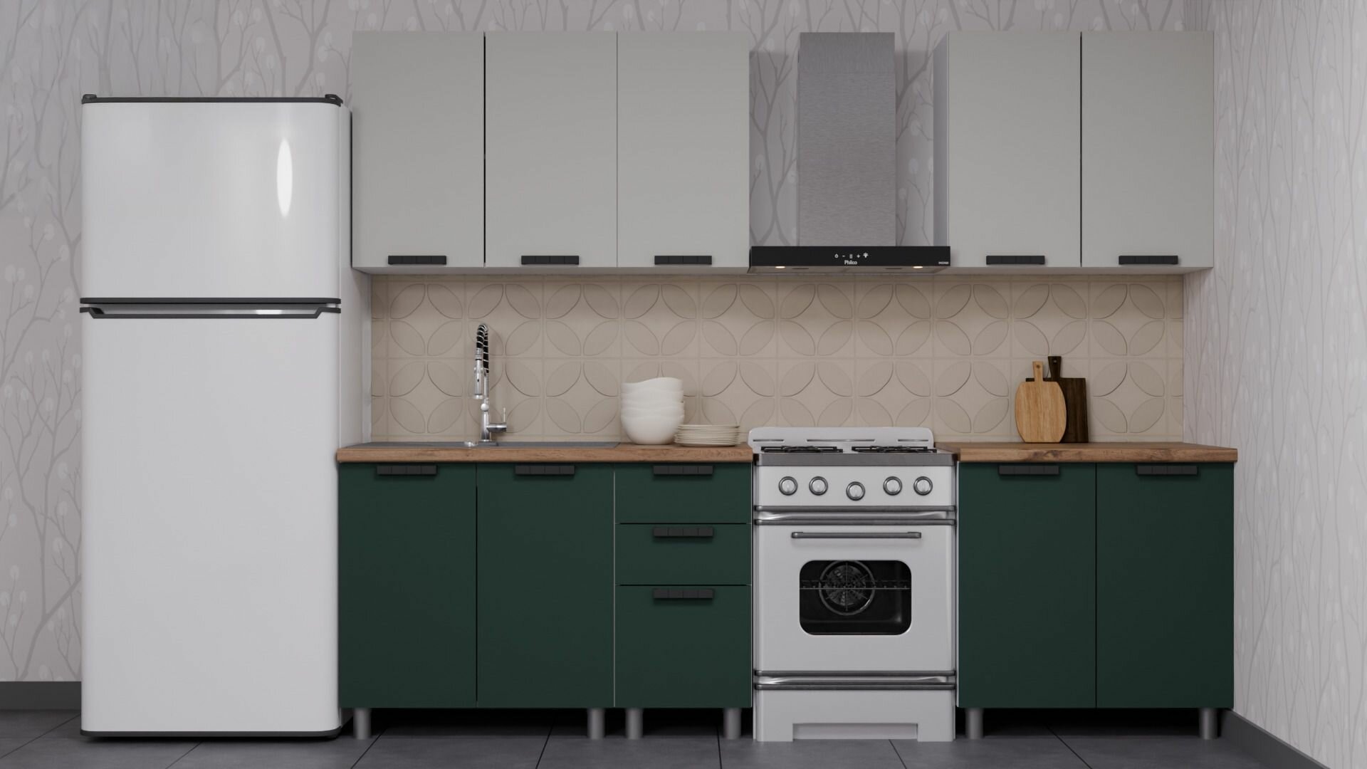 Кухня "Осака" 2м, темно-белый темно-зеленый