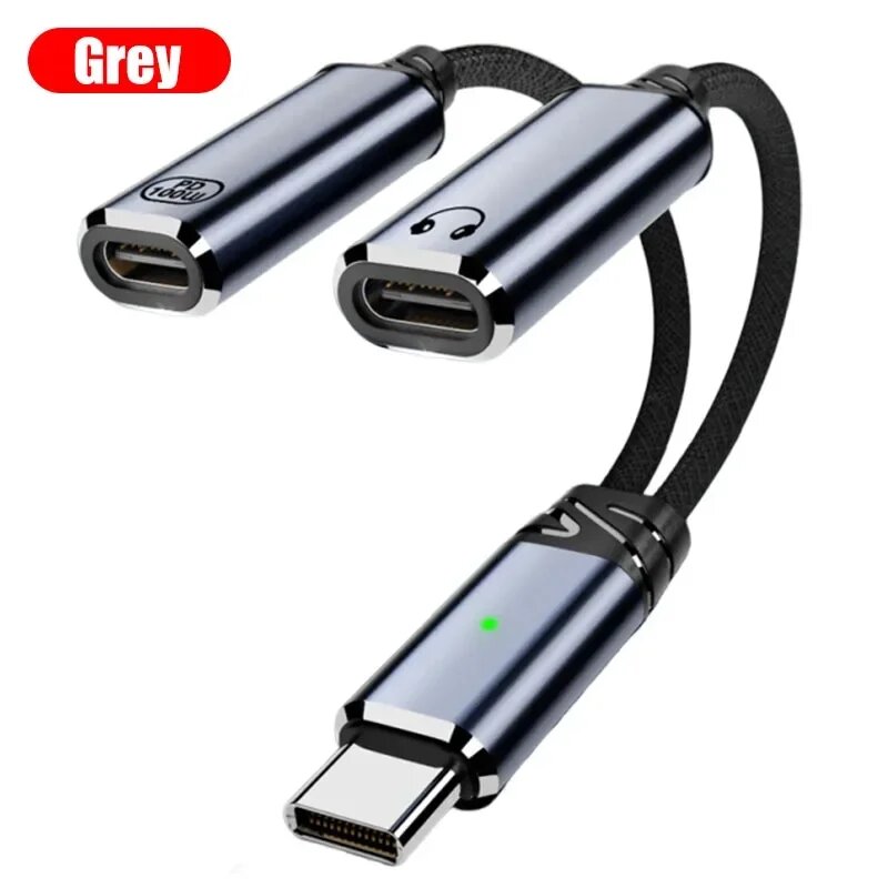 Адаптер для зарядного устройства для наушников, разветвитель, двойной аудиоадаптер USB C к типу C, зарядный кабель, разъем для передачи данных, адаптер для Xiaomi Grey