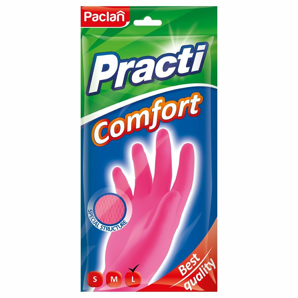 10 уп. Перчатки резиновые хозяйственные Paclan "Practi. Comfort" разм. L, хб напыление, розовые, пакет с европодвесом
