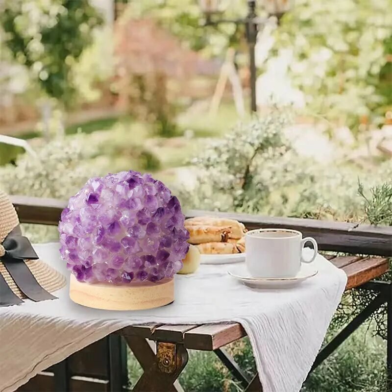 Фиолетовый аметистовый кристалл камень ночник ночник с деревянным цоколем 1шт