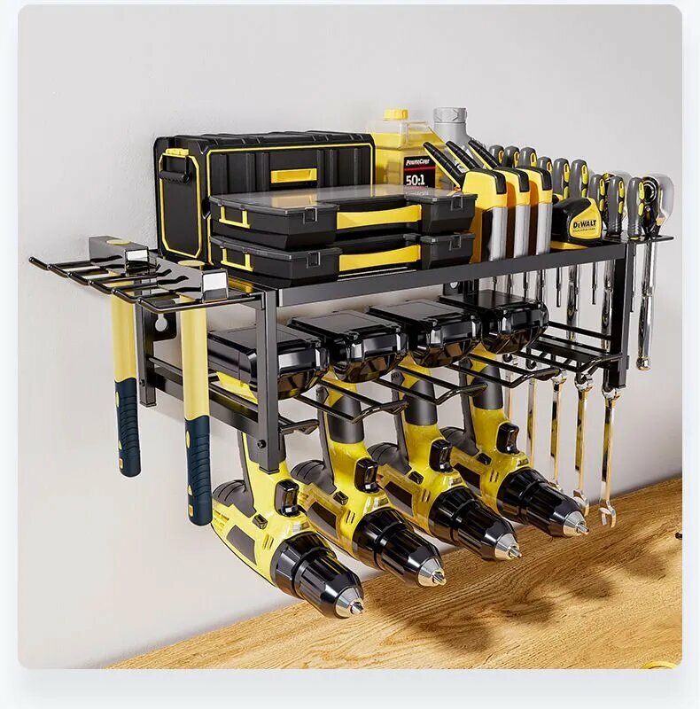 Настенная полка для хранения инструментов (2 ряда) - держатель для дрели, отверток и гаечных ключей - органайзер для мастерской