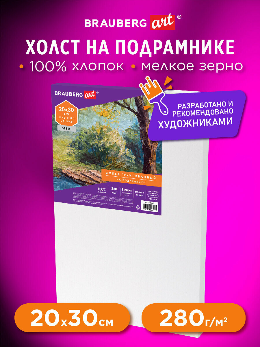Холст на подрамнике Brauberg Art Debut, 20х30 см, 280 г/м2, грунт, 100% хлопок, мелкое зерно, 191641