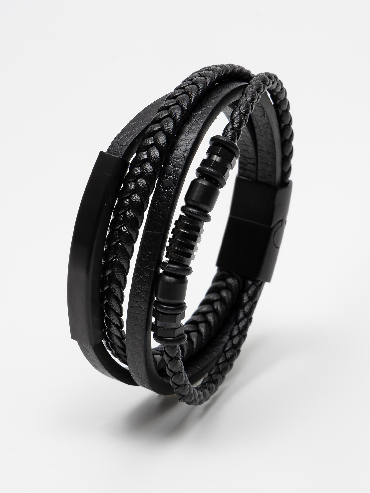 Плетеный браслет, кожа, металл