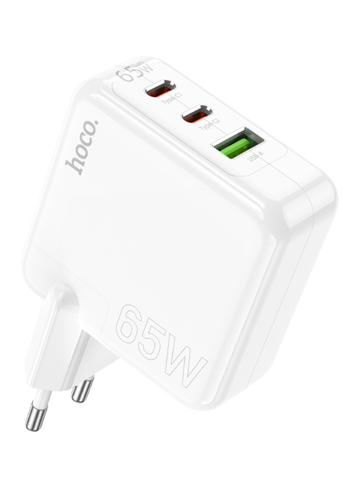 Сетевое зарядное устройство Hoco C115A с технологией GaN, быстрая зарядка 65W, с тремя портами 2 USB-C/1 USB-A, белый