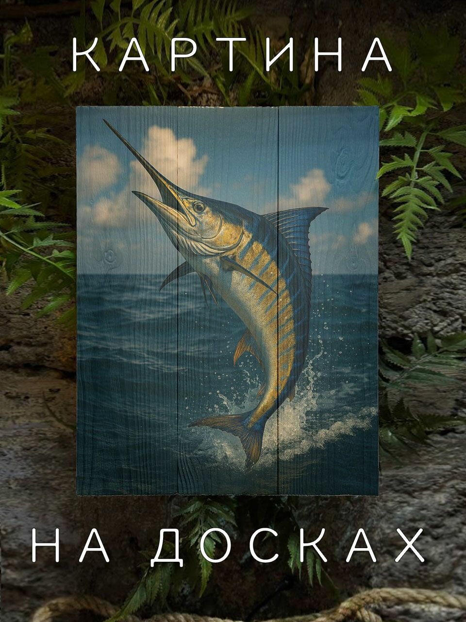 Картина на досках голубой марлин. 30х40 см