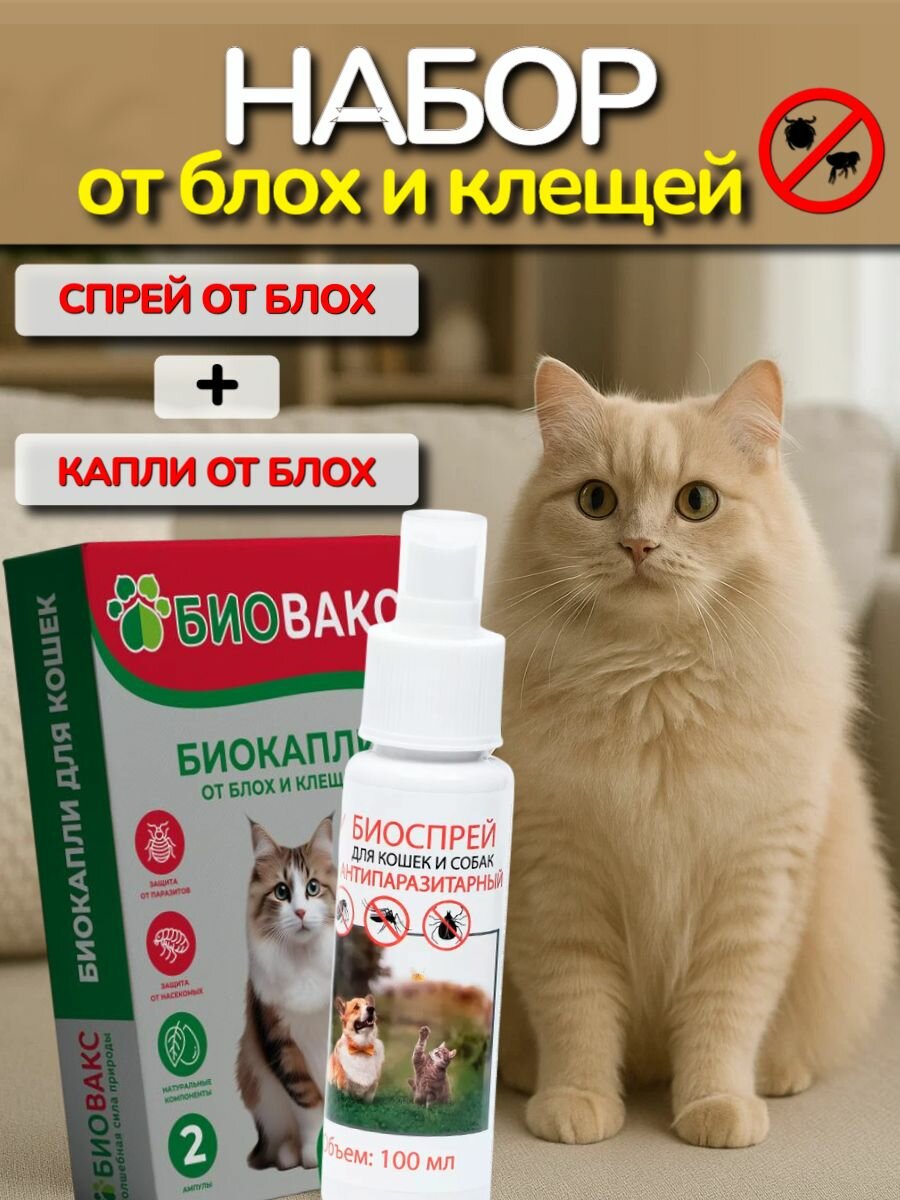 Набор антипаразитарный от блох и клещей для кошек: капли от блох и спрей