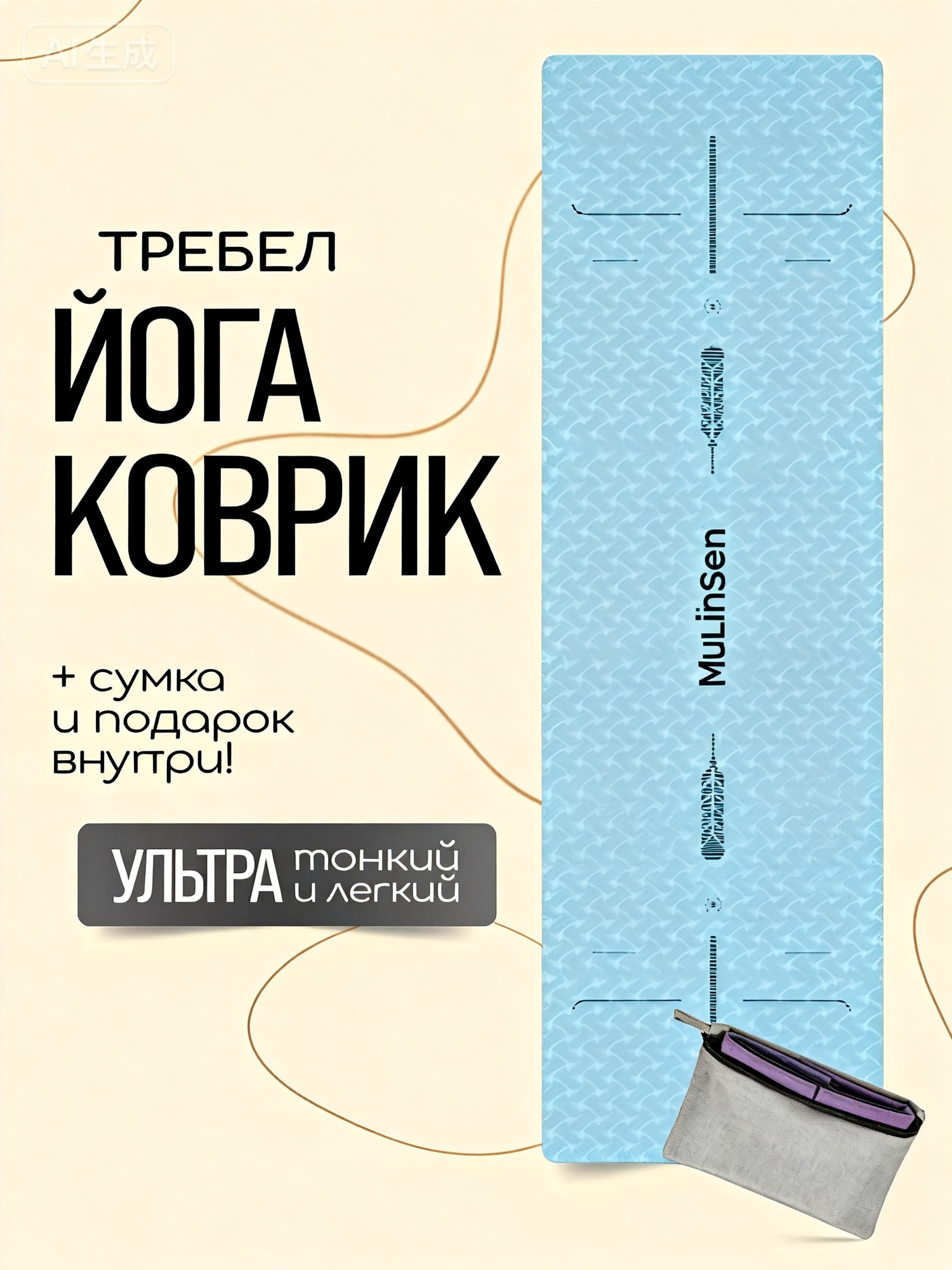 Коврик для фитнеса и йоги "Mulinsen", нескользящий, ТПЕ, чехол, фиолетовый