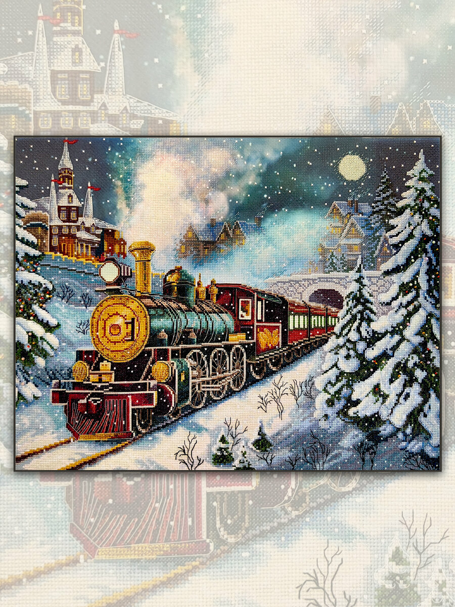 Набор для вышивки крестом "Рождественский поезд" от Золотые Ручки, 50 цветов, 40х31 см