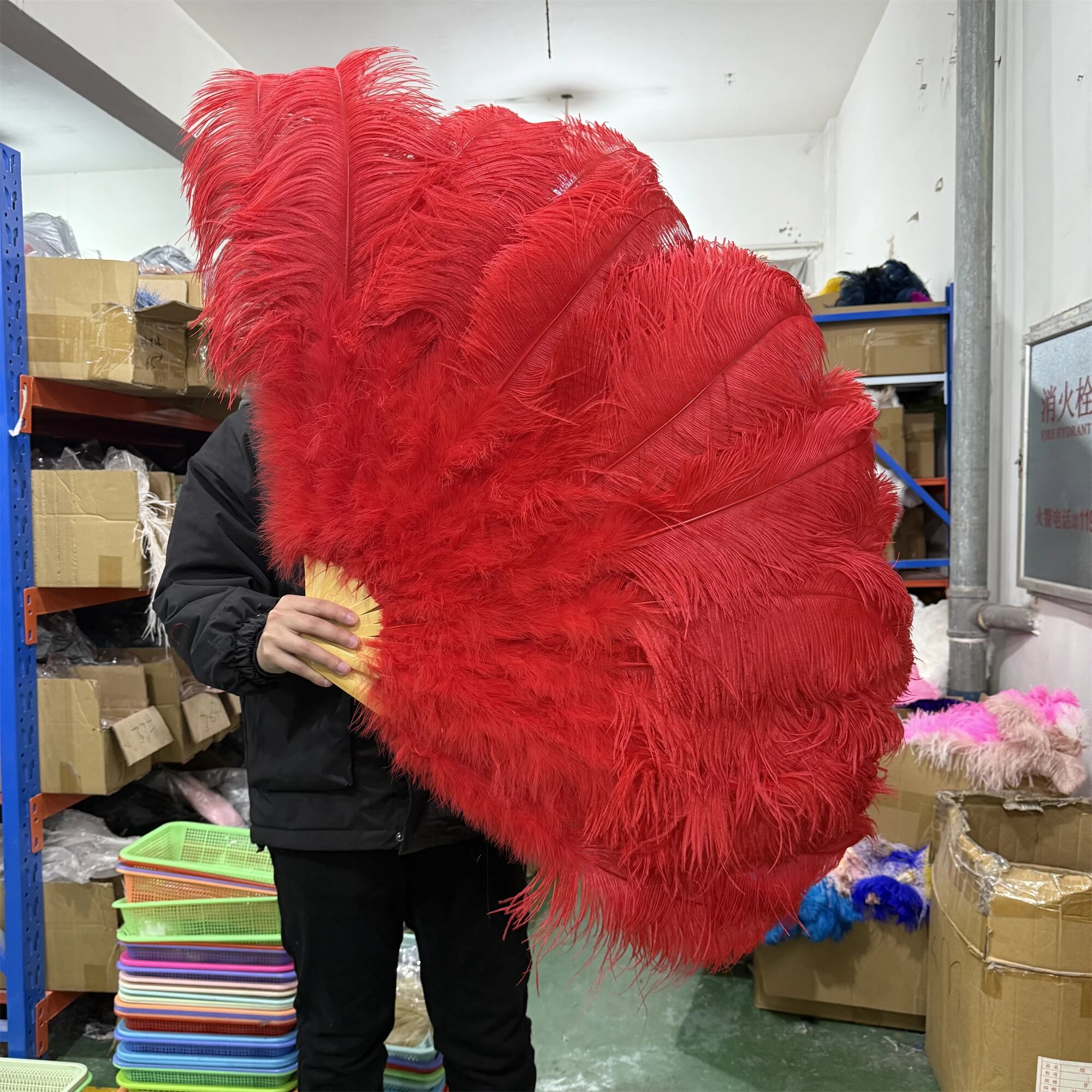 Складные розовые веера из страусиных перьев Красный, Red, 100CM 1PCS Right