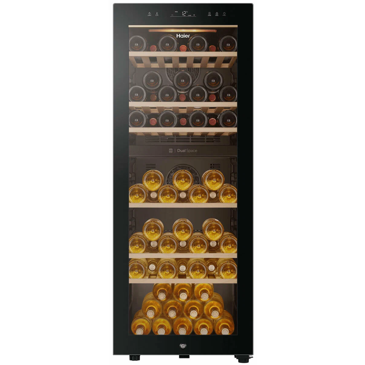 Винный шкаф HAIER FWC77GDAU1, черный, объем 190л, до 77 бутылок, замок, 2 температурных зоны, 152 кВтч/г дисплей