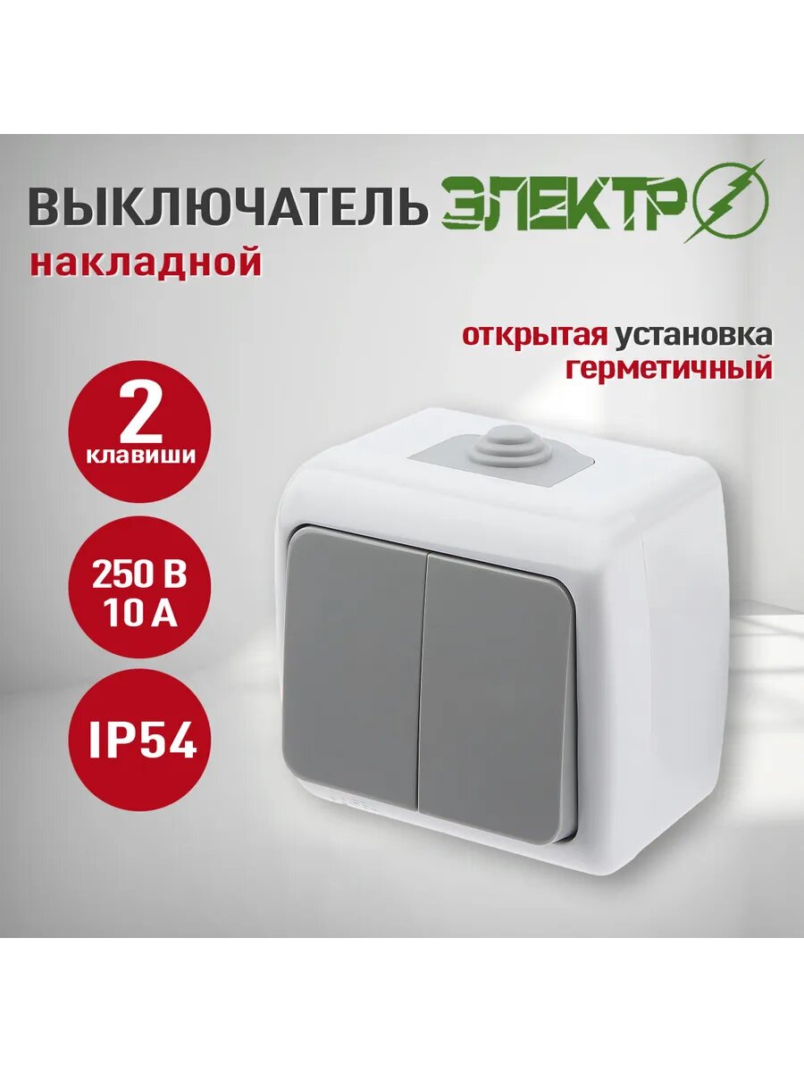 Выключатель накладной Электро SILS двухклавишный серый, IP54, выключатель наружный, уличный, влагозащищенный
