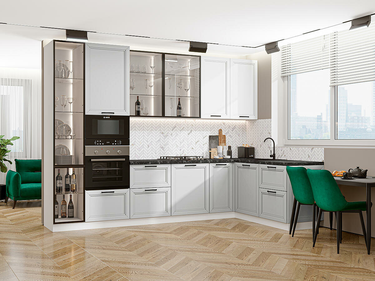 Кухонный гарнитур угловой кухня Нео-04 2340*3200-1800*600 White Silk-Grey Silk