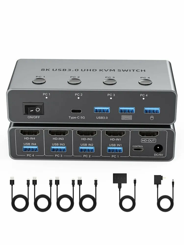 KVM-переключатель, HDMI, 8К@60Гц, 4 монитора, 4 USB 3.0, пульт, адаптер питания