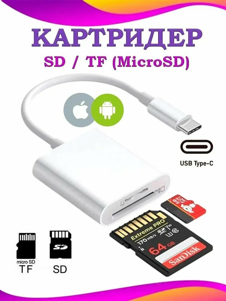 Кардридер Type-C для SD и MicroSD карт. Универсальный адаптер для ноутбуков и телефонов с USB-C. Компактный дизайн, быстрая передача данных