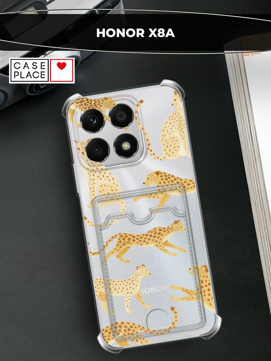 Чехол на Honor X8A (Хонор X8A) с картой и принтом Восемь леопардов