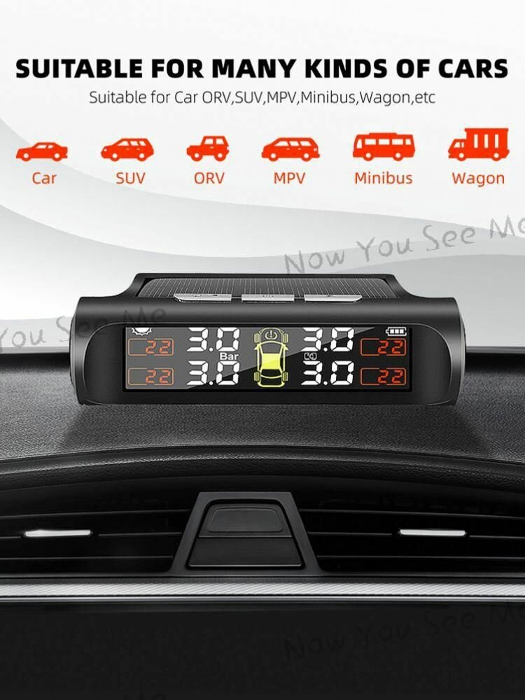 Система контроля давления в шинах TPMS с 4 внешними датчиками, солнечная зарядка, цветной ЖК-дисплей, сигнализация